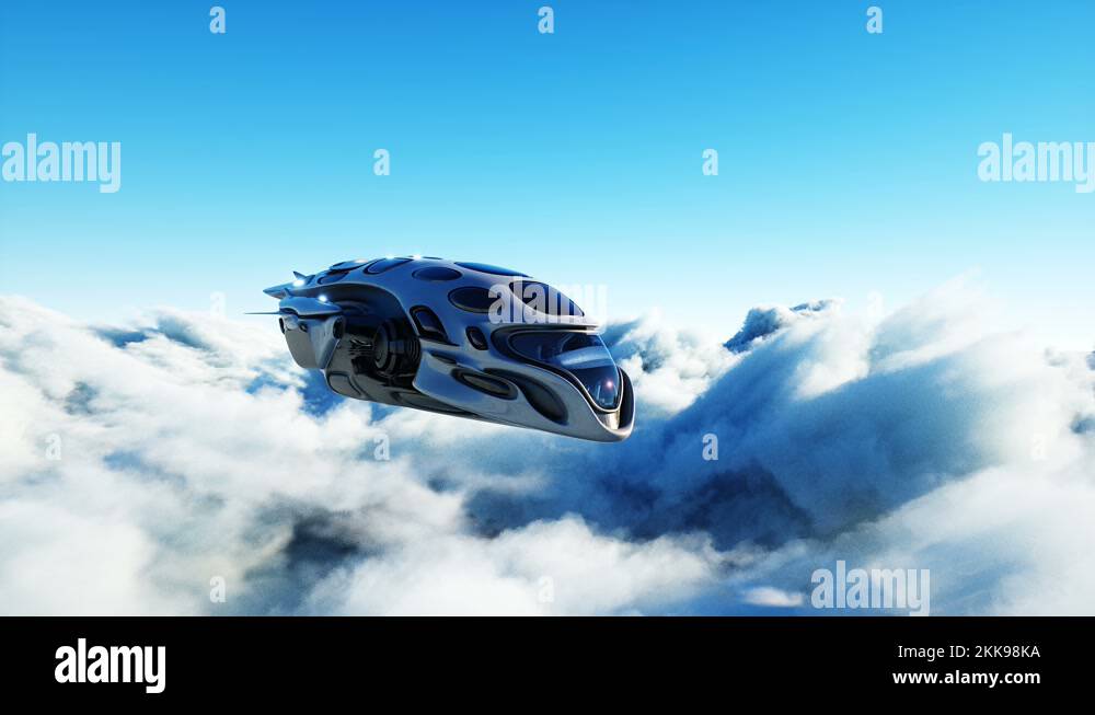 Futuristic Sci Fi Ship Flying In The Clouds Realistic 4k Animation Stock Video Footage Alamy