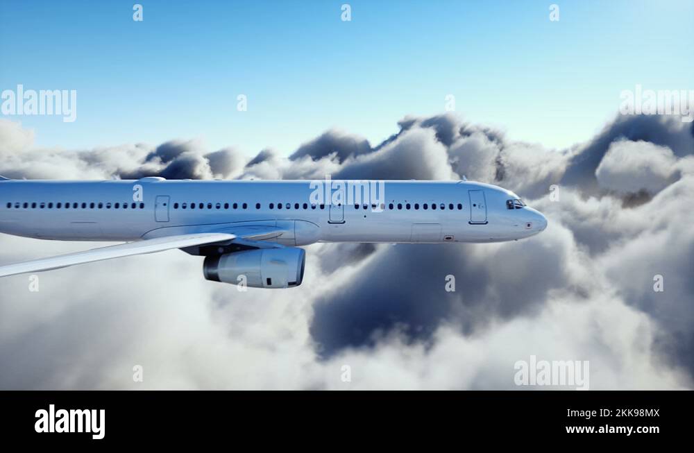 Passenger airbus flying in clouds. Plane. Realistic 4k animation Stock ...