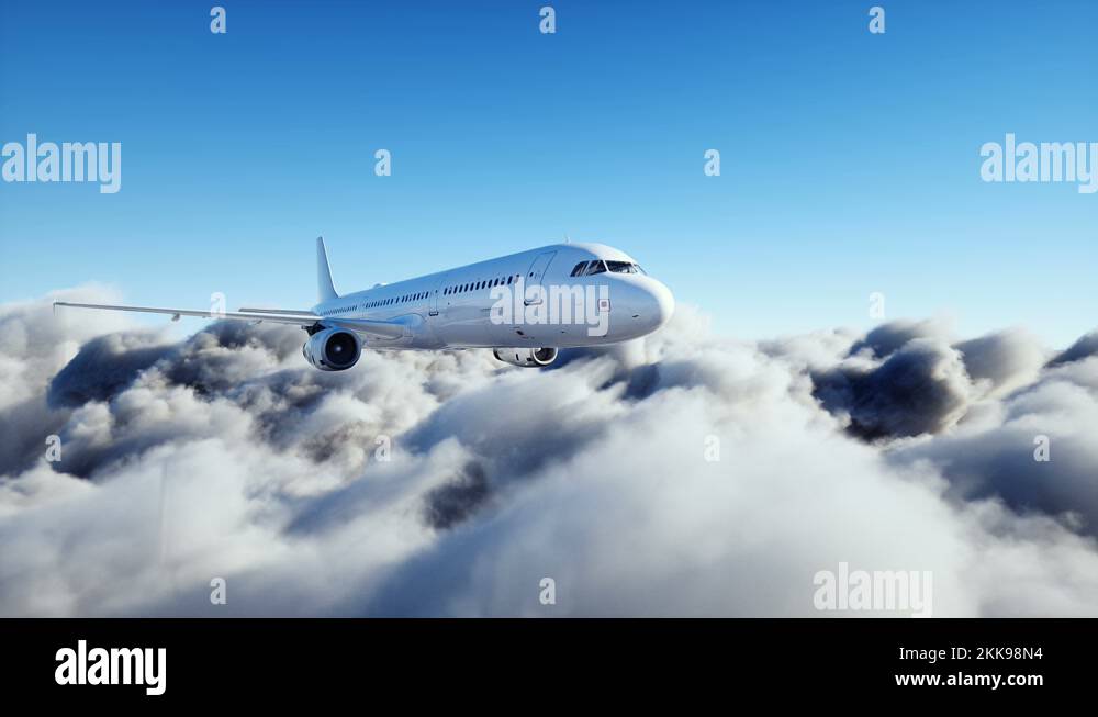 Passenger airbus flying in clouds. Plane. Realistic 4k animation Stock ...