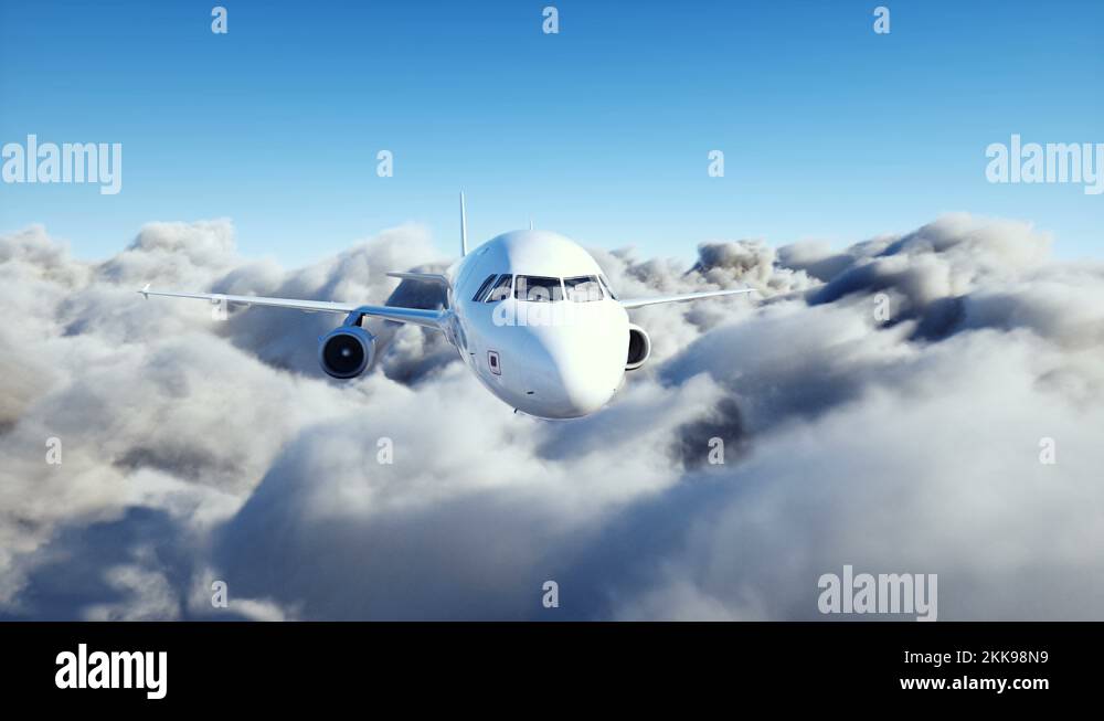 Passenger airbus flying in clouds. Plane. Realistic 4k animation Stock ...