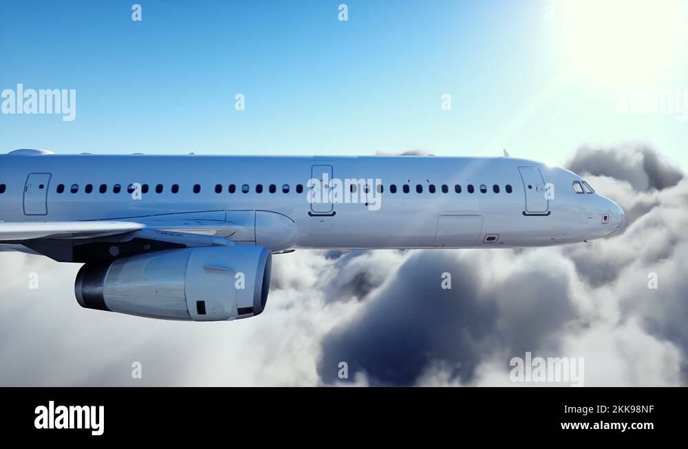 Passenger airbus flying in clouds. Plane. Realistic 4k animation Stock ...