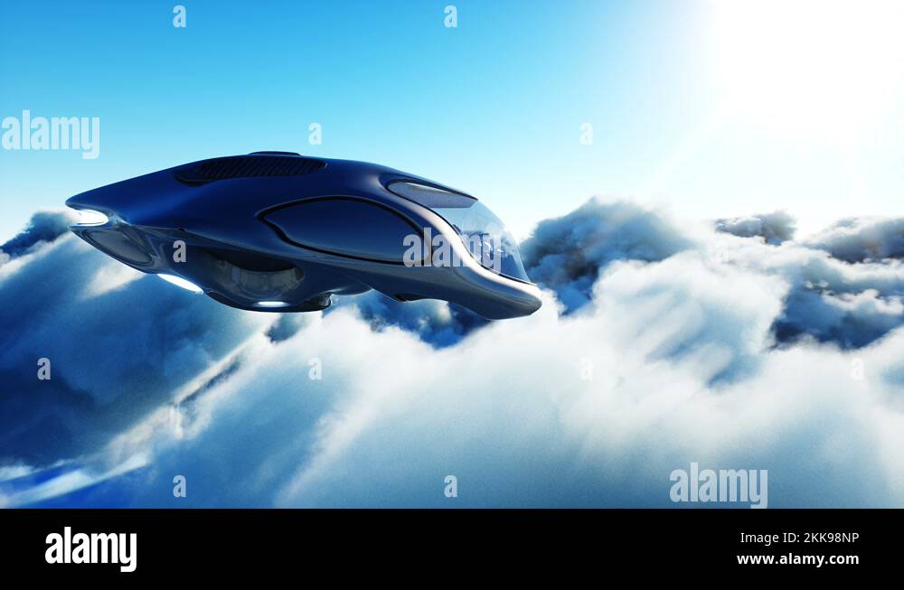 Futuristic sci fi ship flying in the clouds. Realistic 4k animation ...
