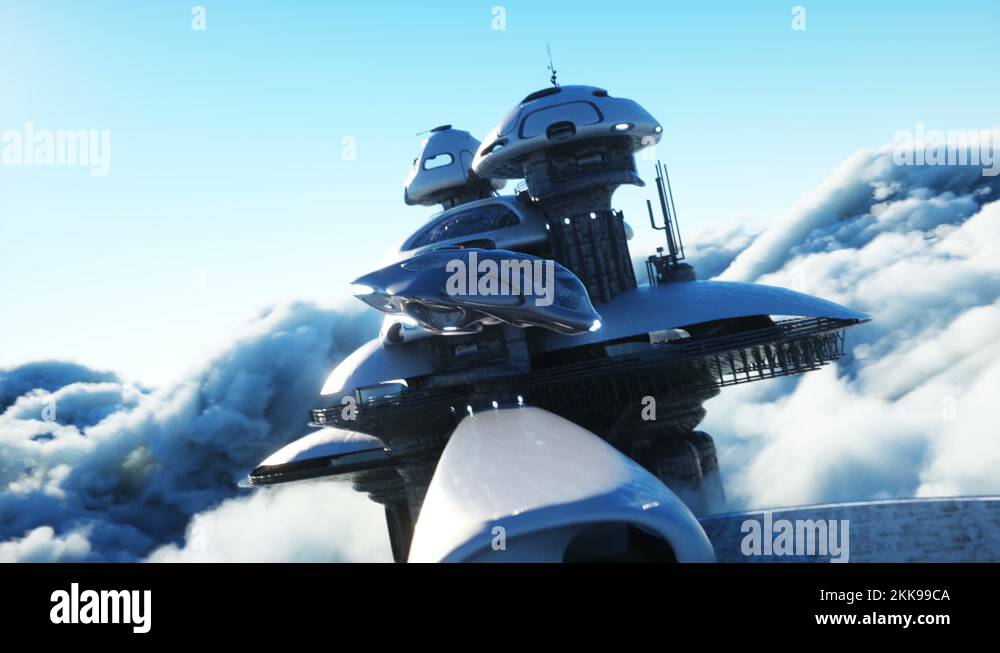 futuristic ship lands on futuristic base in the clouds. Realistic 4k ...