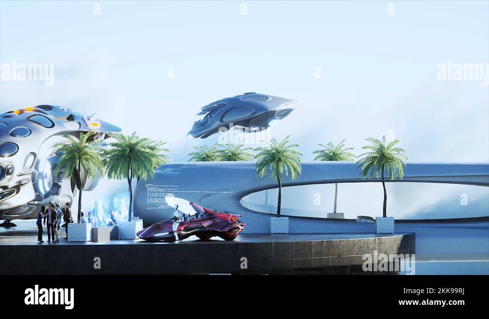 futuristic ship lands on futuristic base in the clouds. Realistic 4k ...