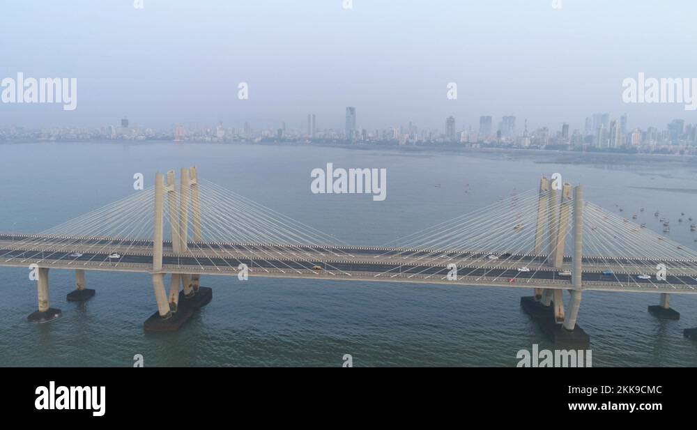 A drone shot at Bandra Worli Sea Link seen from an aerial view in slow ...