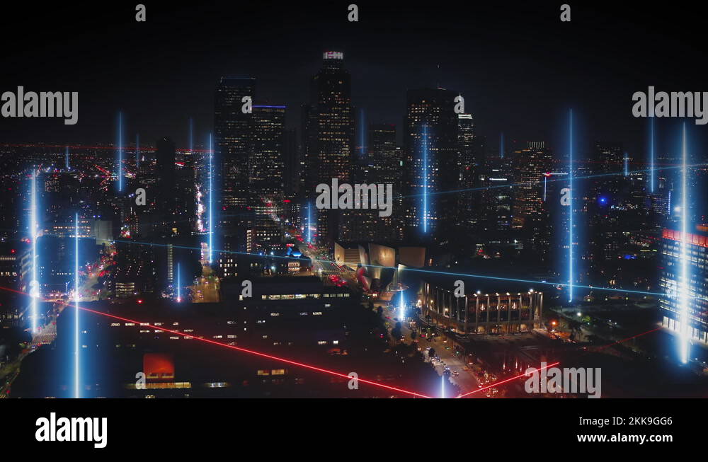 Smart Network, light beams connecting on night city background - 3d ...