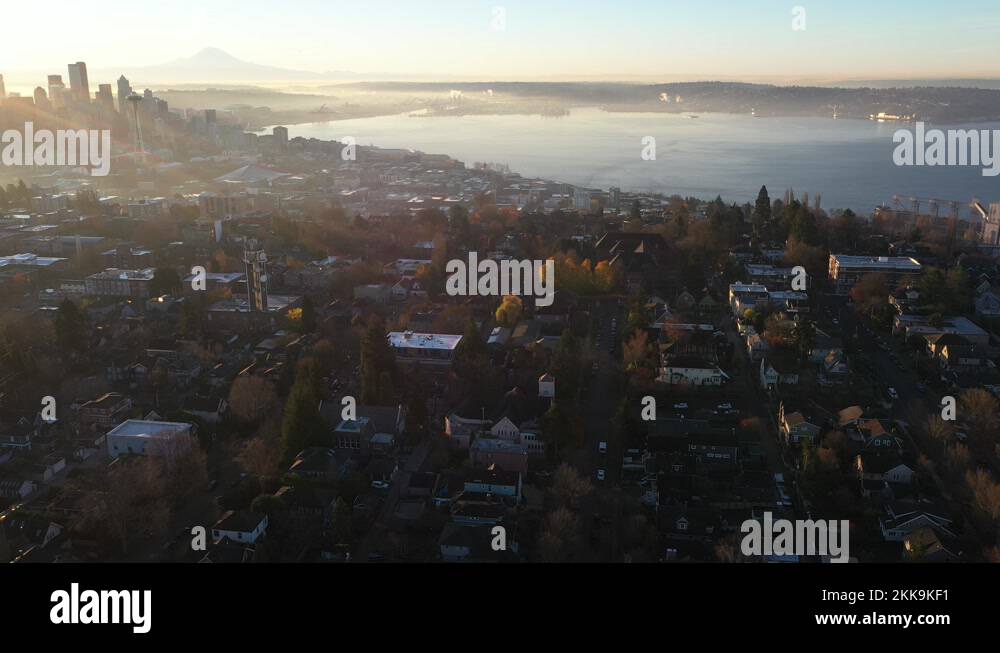 Cinematic sunrise drone footage of West Queen Anne, Queen Anne, Lower ...