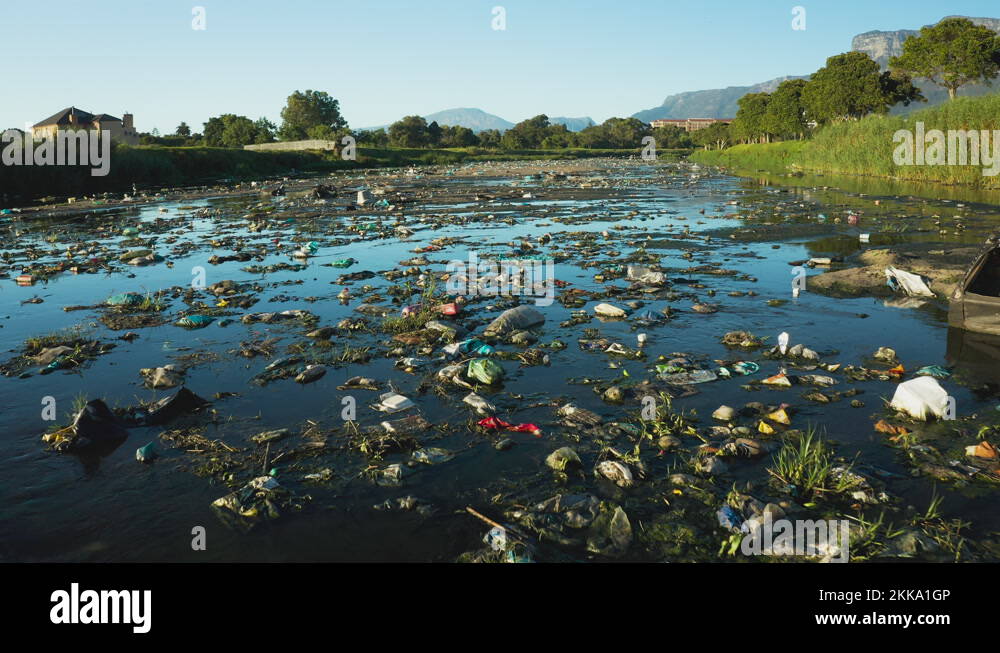 Water pollution. Aerial horrific plastic pollution in water ways in ...