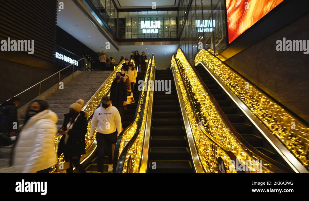 Escalators glows by millions of Christmas lights at Hudson Yards NYC ...