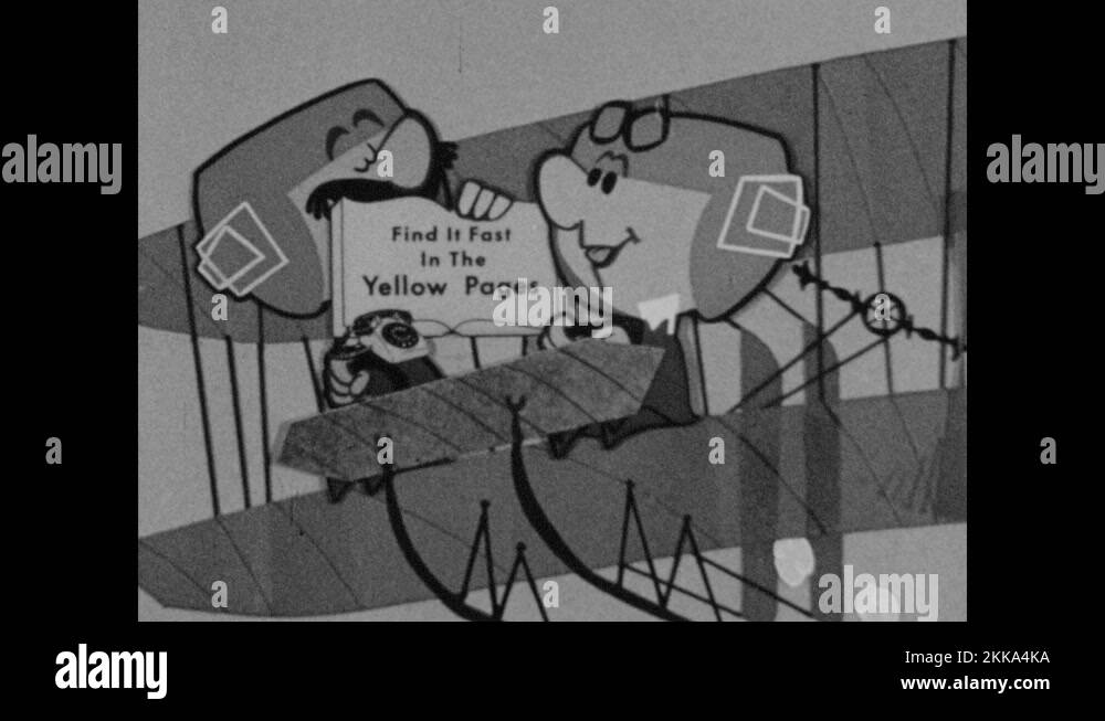 1960s: Cartoon men speak to Wright Brothers in plane. Illustrated logo ...