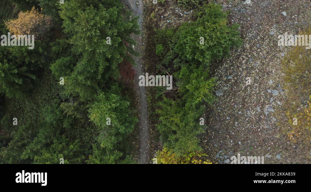 Drone aerial birds eye view shot of father and son mountain biking down ...
