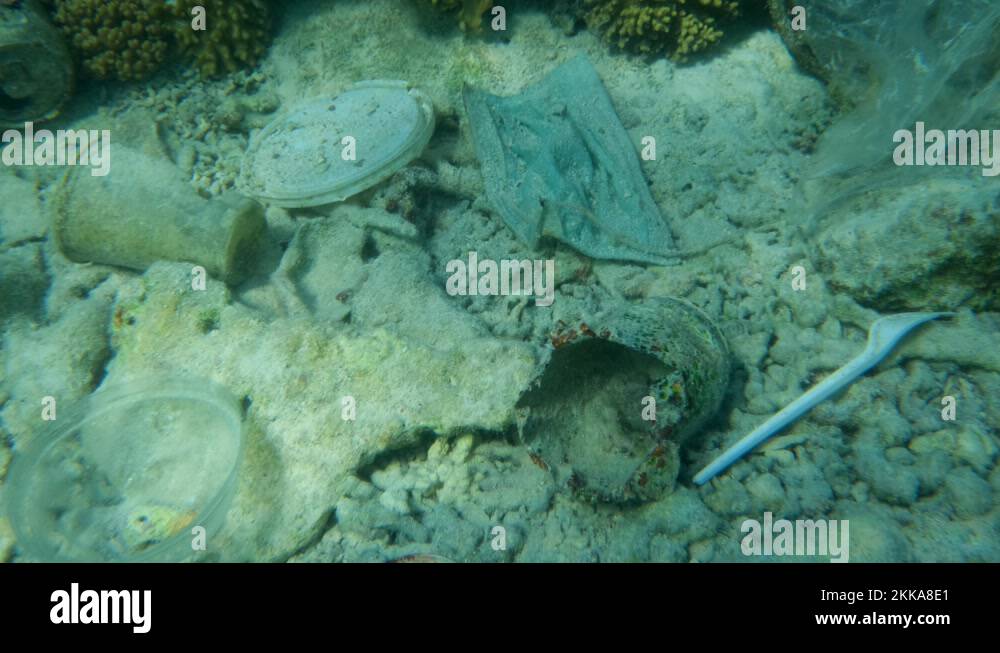 Plastic pollution of the Ocean. Camera moves slowly backwards bringing ...