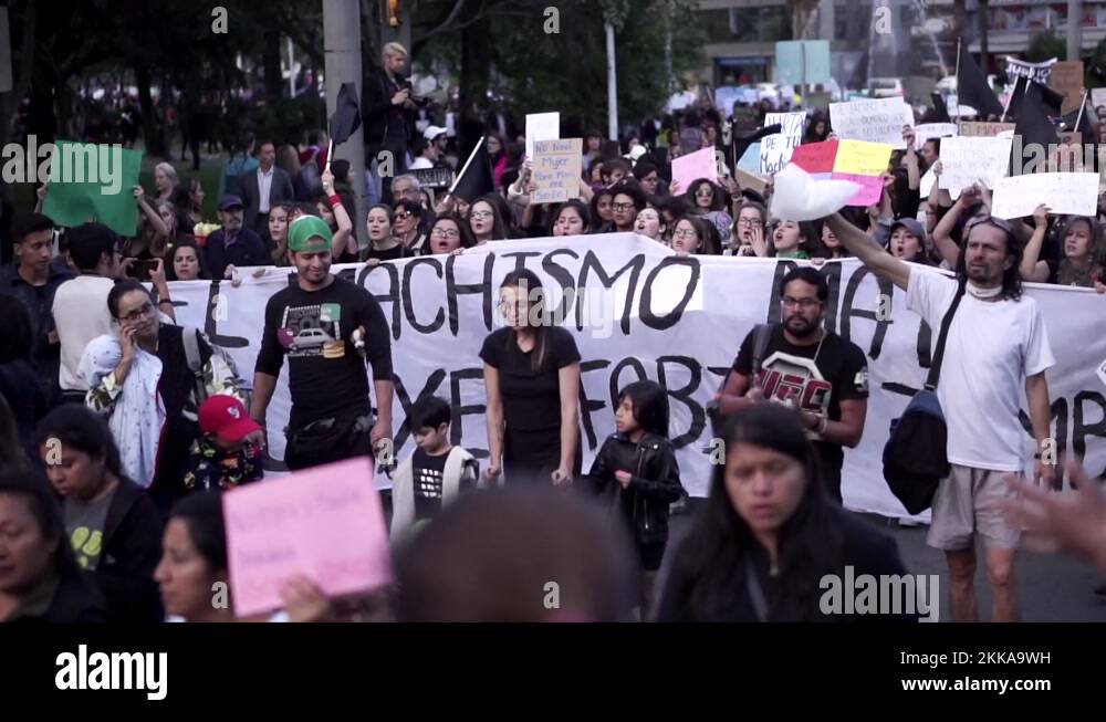 Women and men are holding signs and big flags with messages during a ...