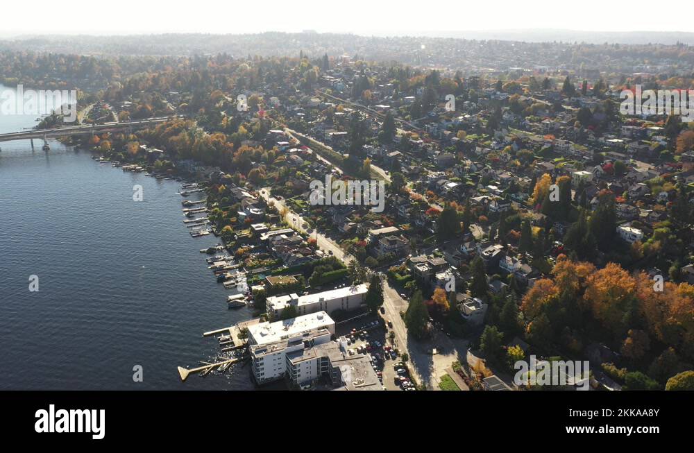 Cinematic drone panning footage of East side of downtown Seattle, East ...