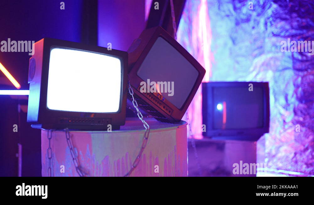 TVs screen in brutal mystical disco premises or room. Old retro ...