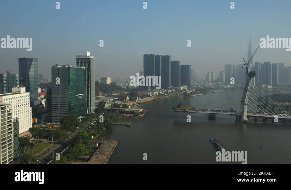Drone view of Saigon River, Ho Chi Minh City and new Thu Thiem Bridge ...