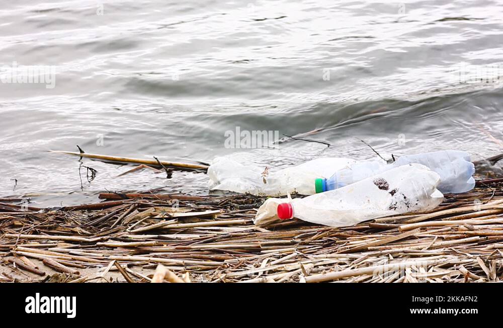plastic garbage and plastic bags on the river bank float on the water ...