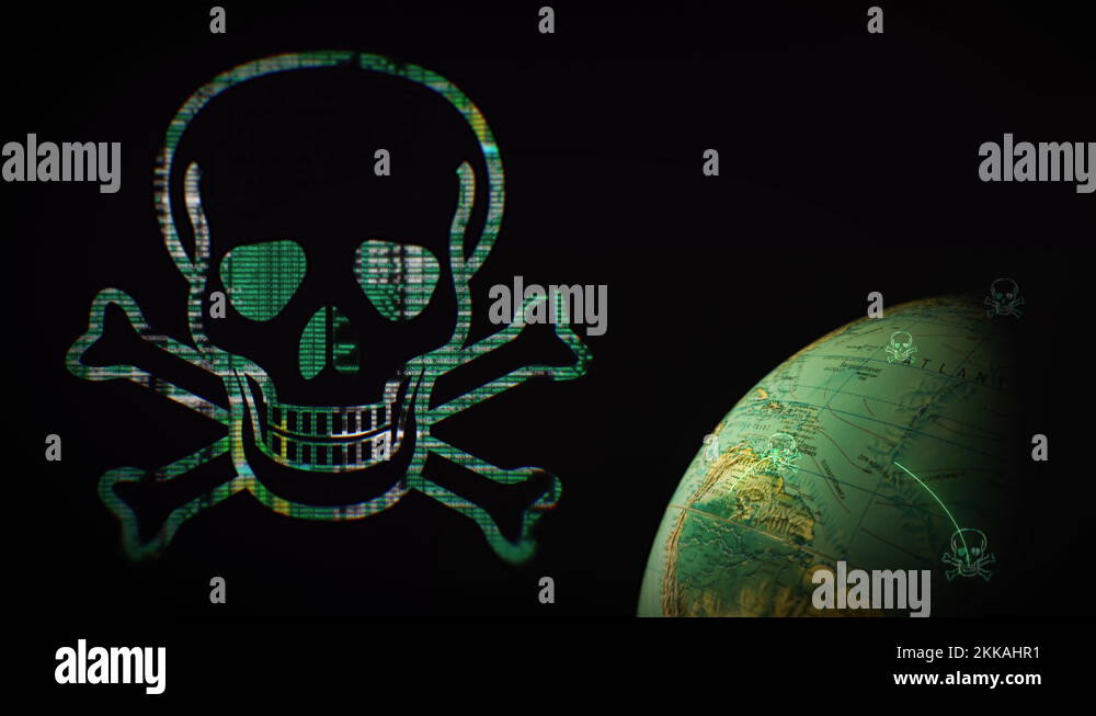 Animated Virus skull symbol next to a globe through which the virus ...