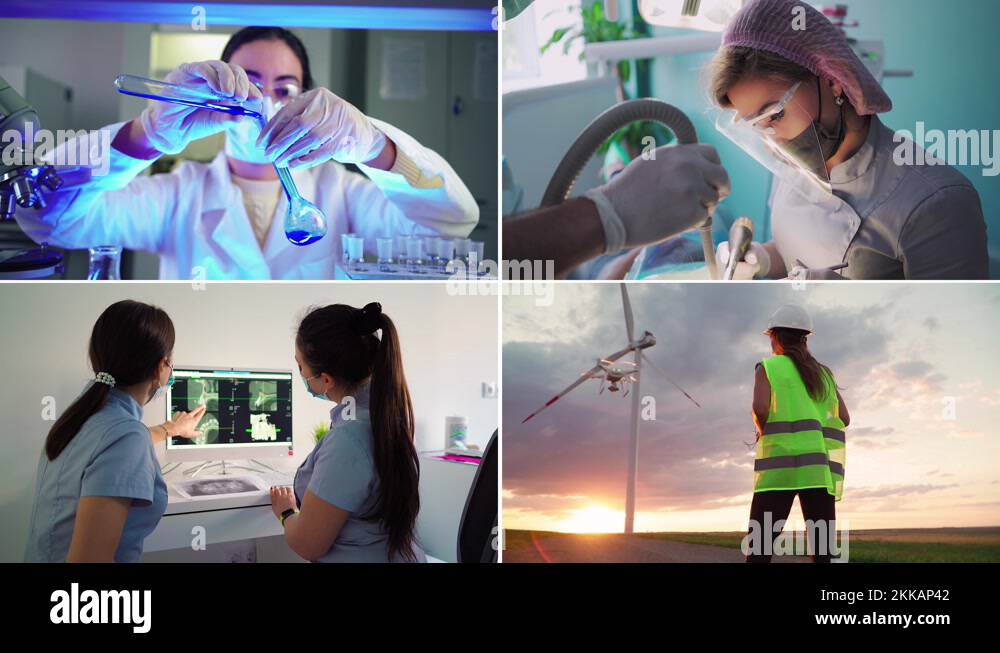 Collage female workers in different professions. Women work in ...
