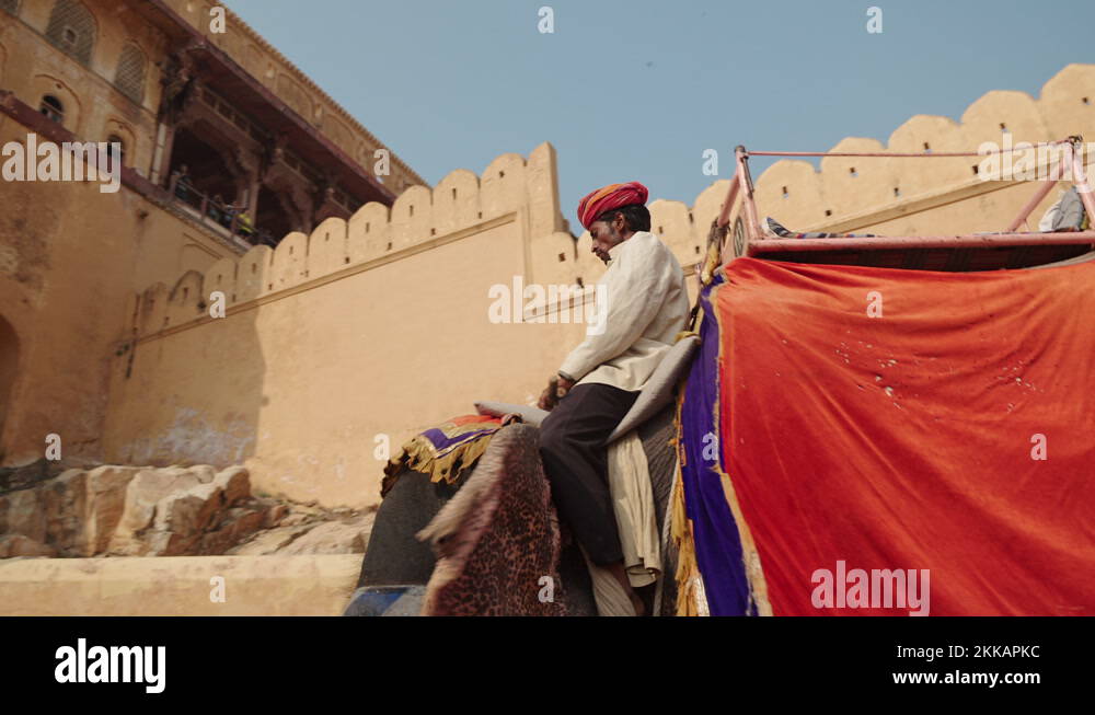 JAIPUR. INDIA - CIRCRA 2019: An Indian rider in a red turban riding a ...