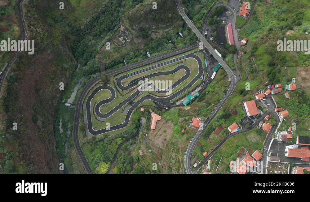 Go kart circuit in green valley in Madeira island of Portugal, top down ...