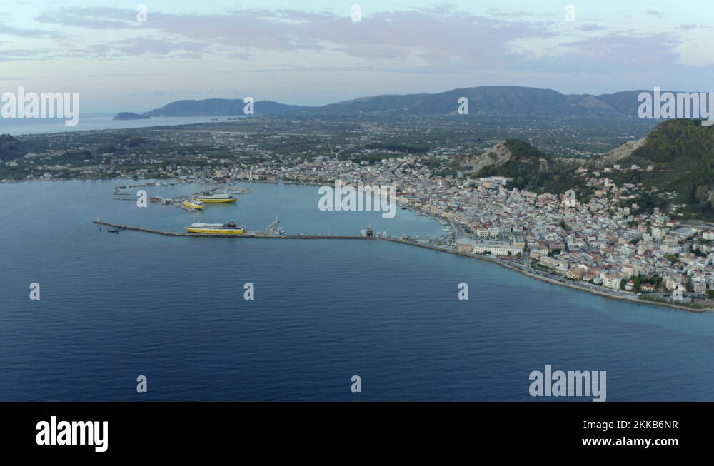 Drone aerial shot view of Zante town and port on the island of ...