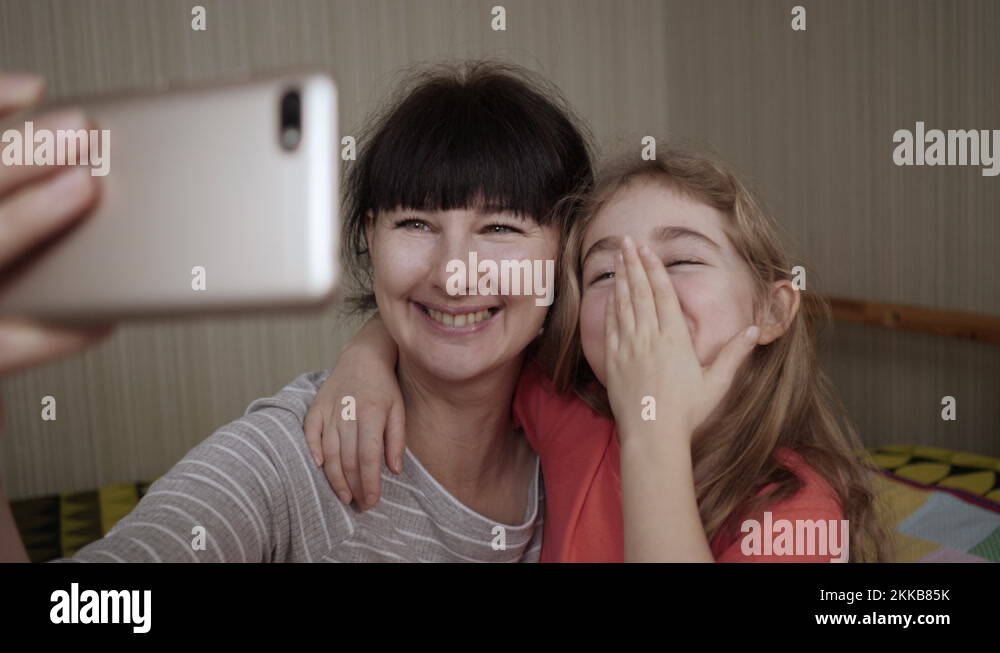 Video Call Family Selfie. Portrait Mother and Kids Kissing on Camera ...