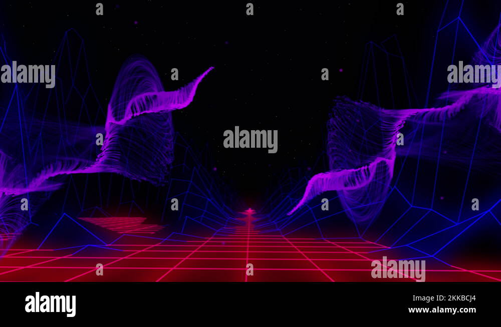 Purple forms growing over black background with blue and red grid ...