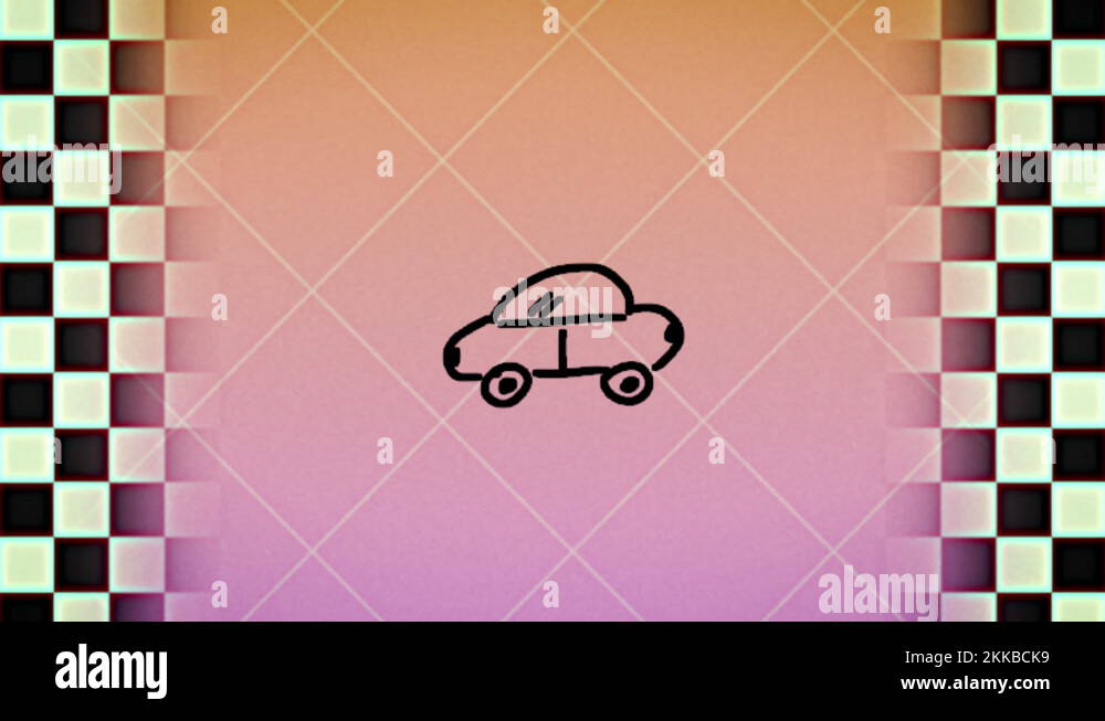Car drawing on pink background with black and white checkerboard moving ...