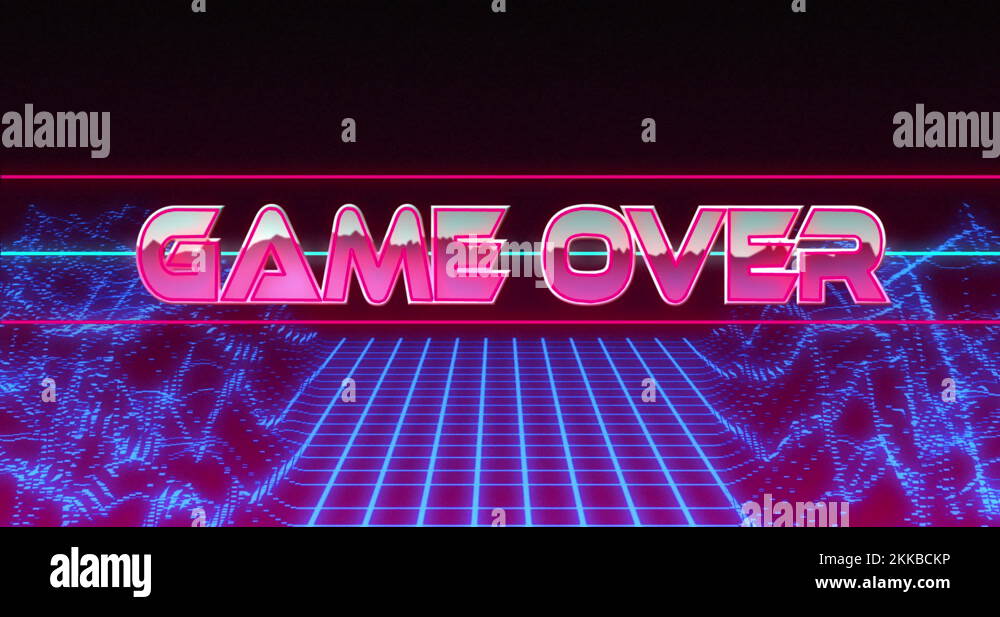 Game over written in pink metallic on black background with blue ...