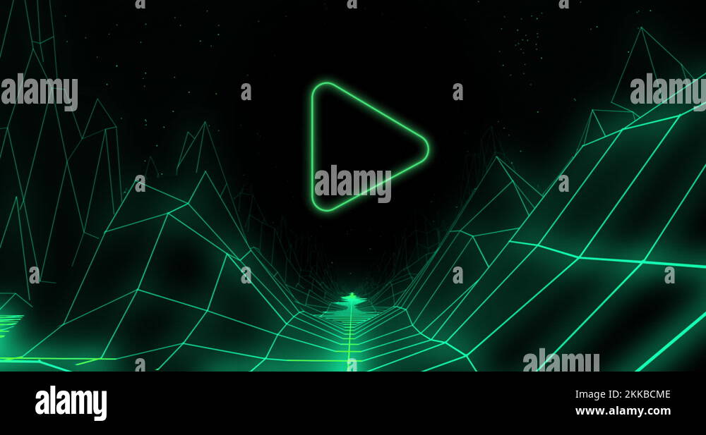 Green triangle outline play button on black background with green grid ...
