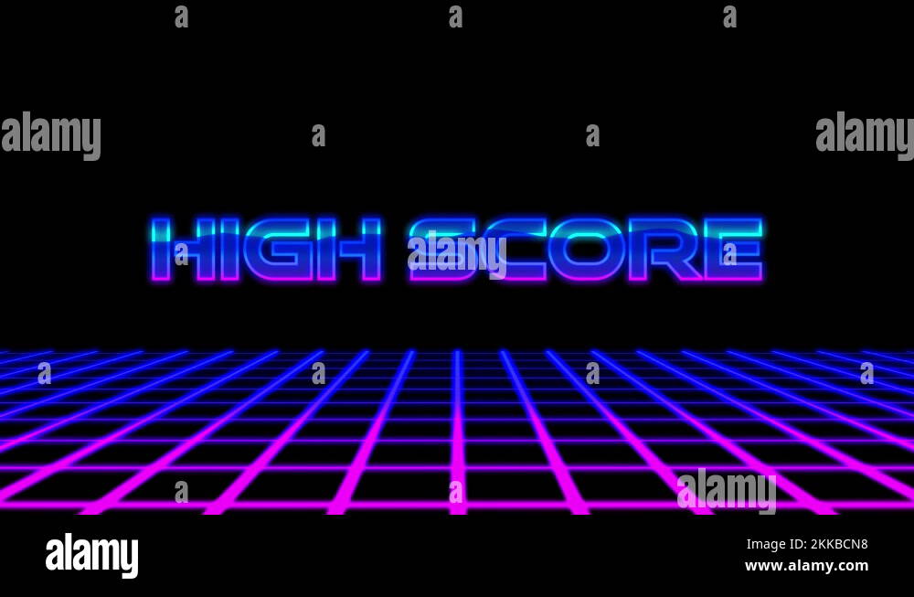 Animation of high score text in glowing blue letters over blue neon ...