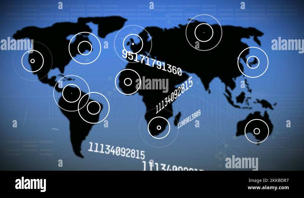 Digital animation of pulsating circles and changing numbers against world map on Stock Video ...