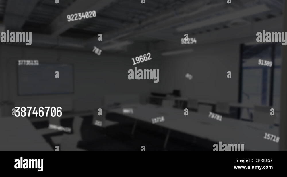 Digital composition of multiple changing numbers floating against empty office Stock Video ...