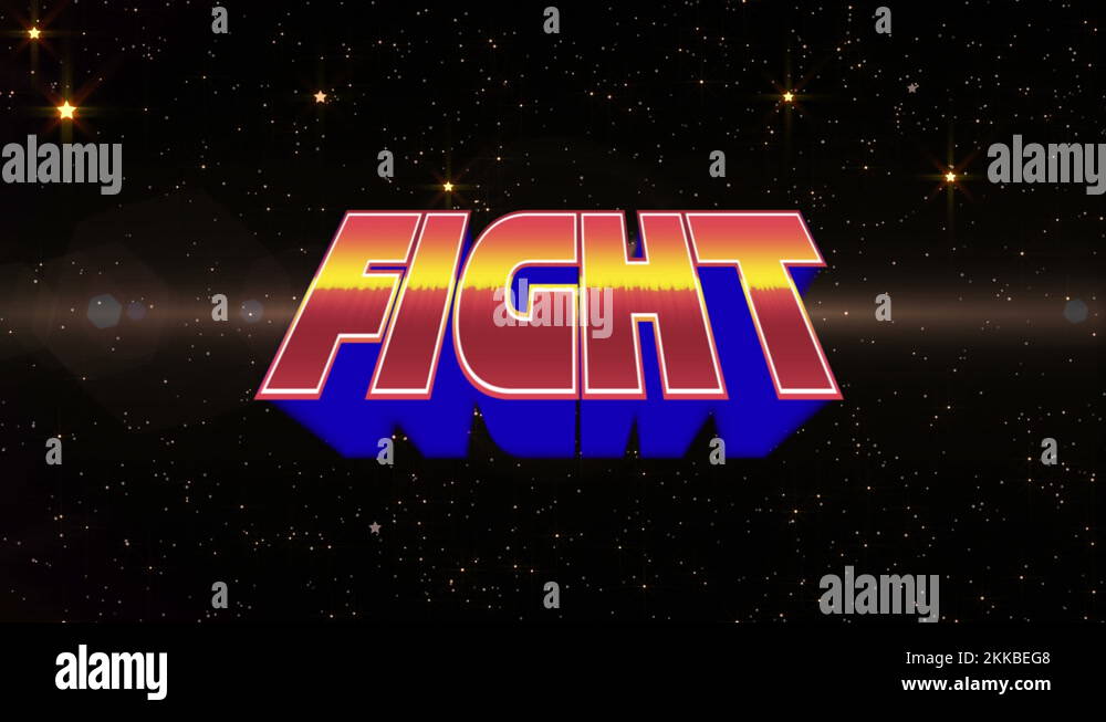 Animation of fight text in red, yellow and blue letters over glowing ...
