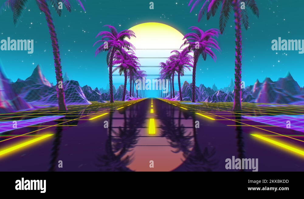 80s retro futuristic sci-fi seamless loop. VJ landscape with neon ...