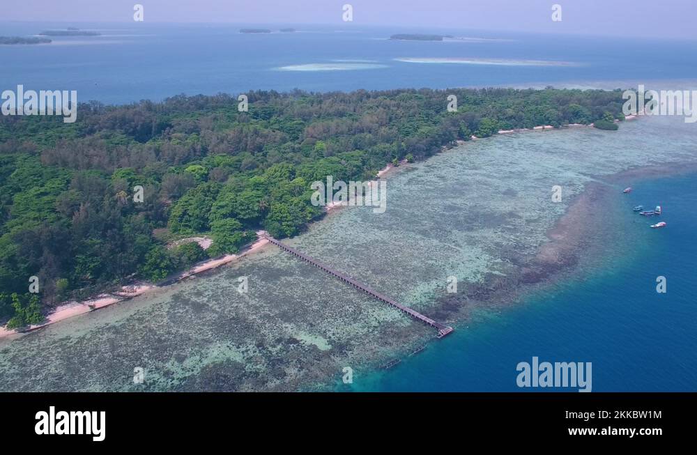 Travelling. Aerial orbit shot view at Seribu Island Archipelago ...