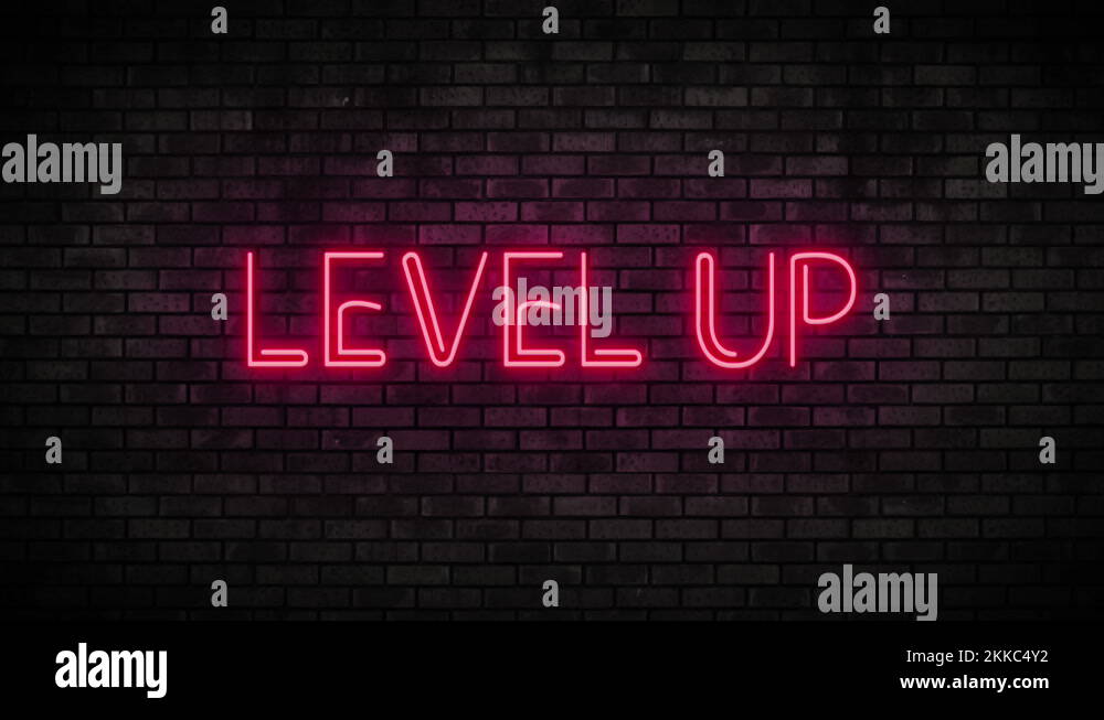 Neon level up on brick wall. Night Club Bar Blinking Neon Sign Stock ...