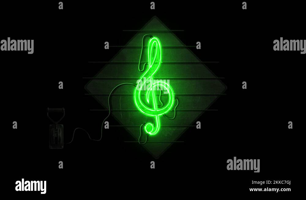 neon music note an a metal panel wall,light color change,music concept ...