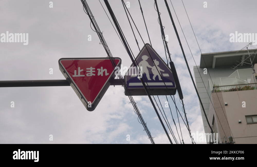 Stop Sign With A Pedestrian Crossing Sign Through Electrical Wires ...