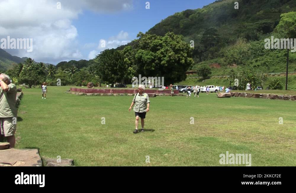 Tourists visiting Cultural centre, Taipivai, Nuku Hiva, Marquesas ...