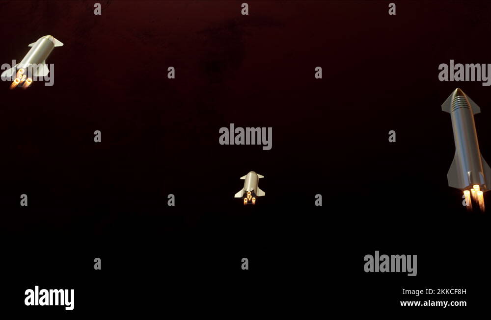 Starship rockets launches to planet Mars. Many large Spaceships flying ...