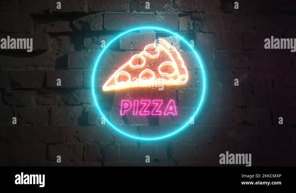Pizza neon sign on brick wall background. Glowing big light animation ...
