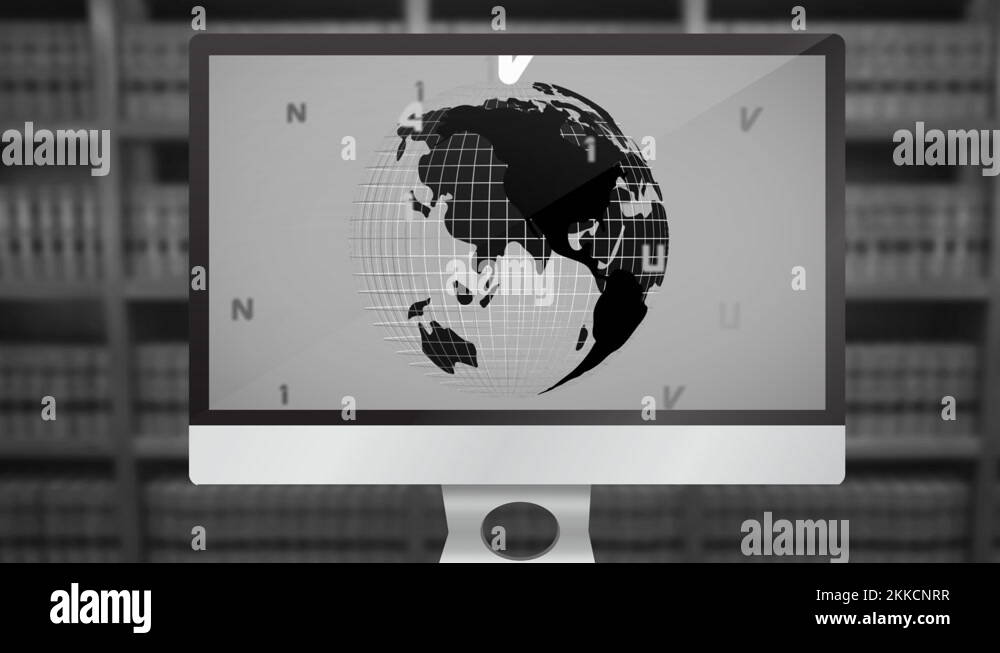 Multiple changing numbers, alphabets and spinning globe on computer ...