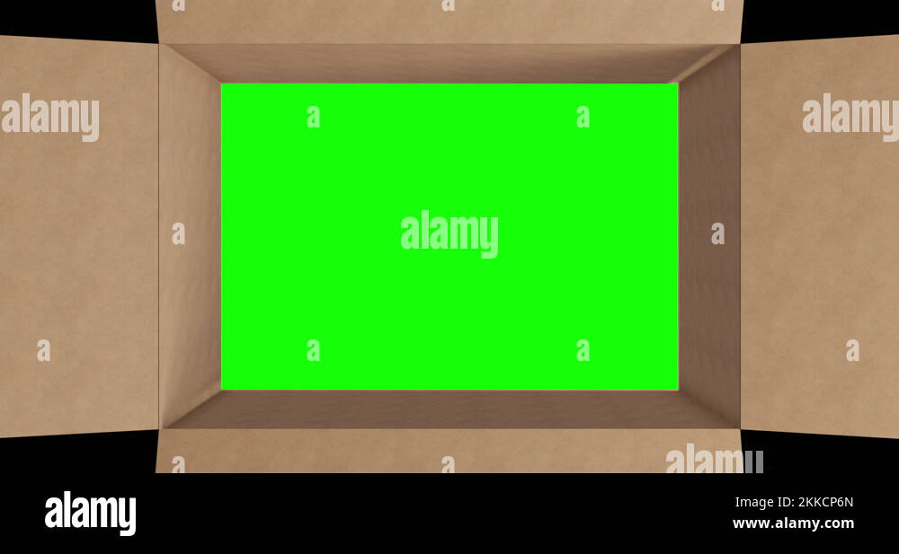 Overhead of green screen in brown cardboard box with lid opening on ...