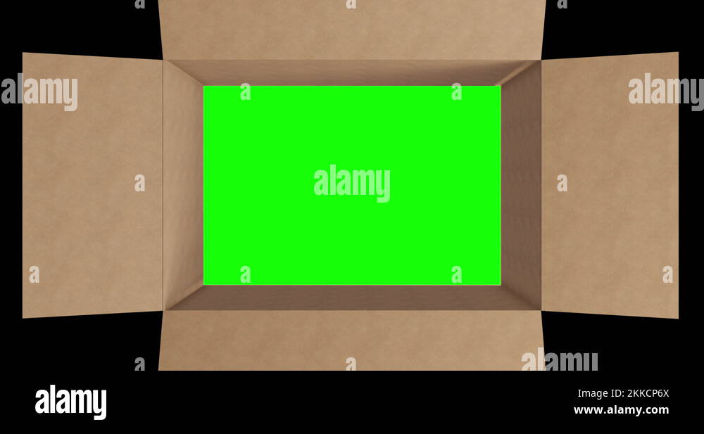 Overhead of green screen in brown cardboard box with lid opening on ...