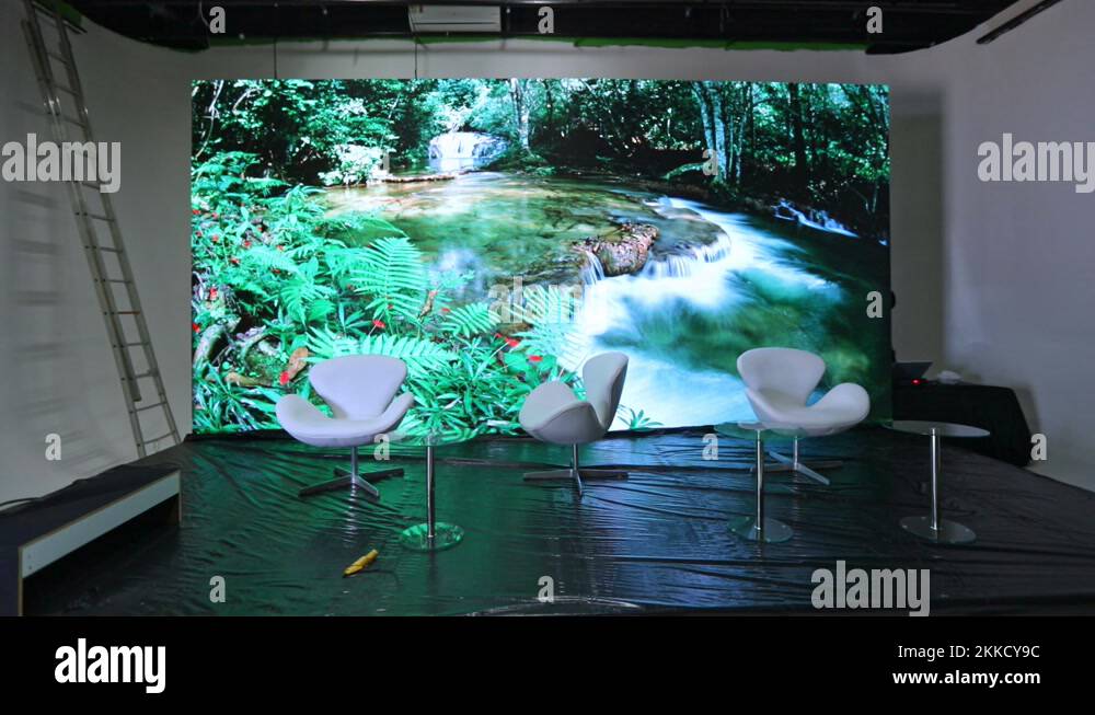 Nearly finished stage with LCD backdrop for a television broadcast ...