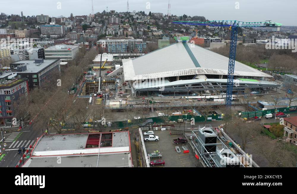 Birdseye clip of the Climate Pledge Arena's with its new signage under ...