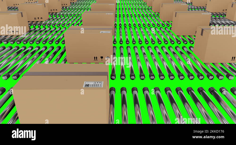 Rows of cardboard packing boxes moving on conveyor belts with green ...