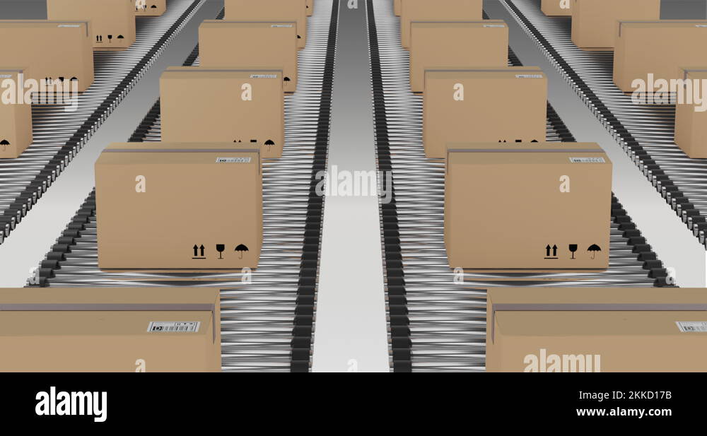 Rows of cardboard packing boxes moving on conveyor belts Stock Video ...